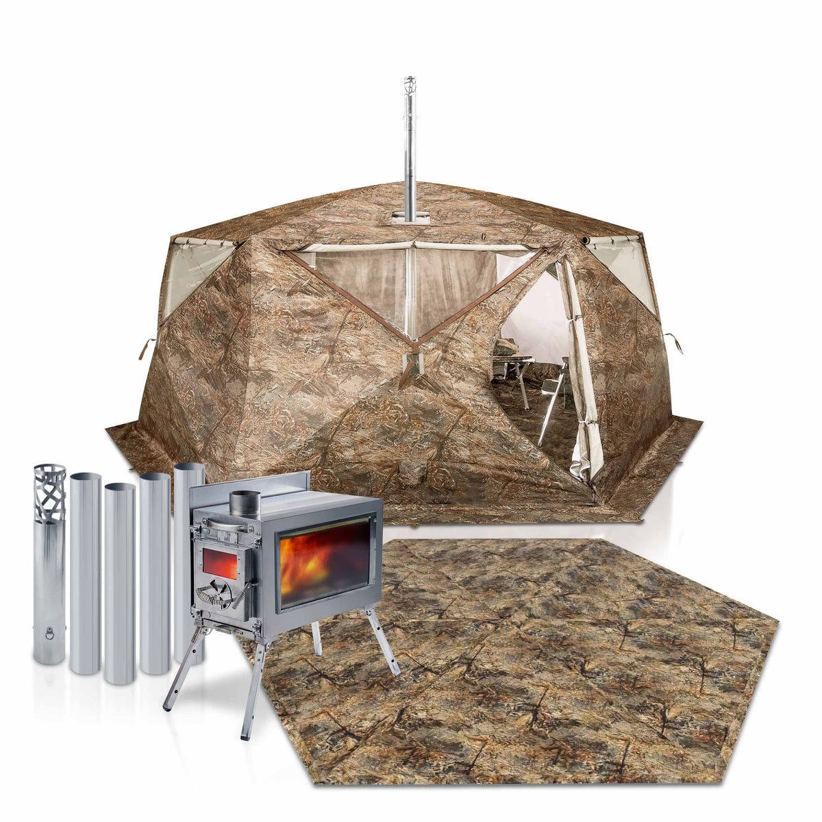RBM All-Seasons tent Hexagon for 2-9 person + Wood Stove Caminus M + T