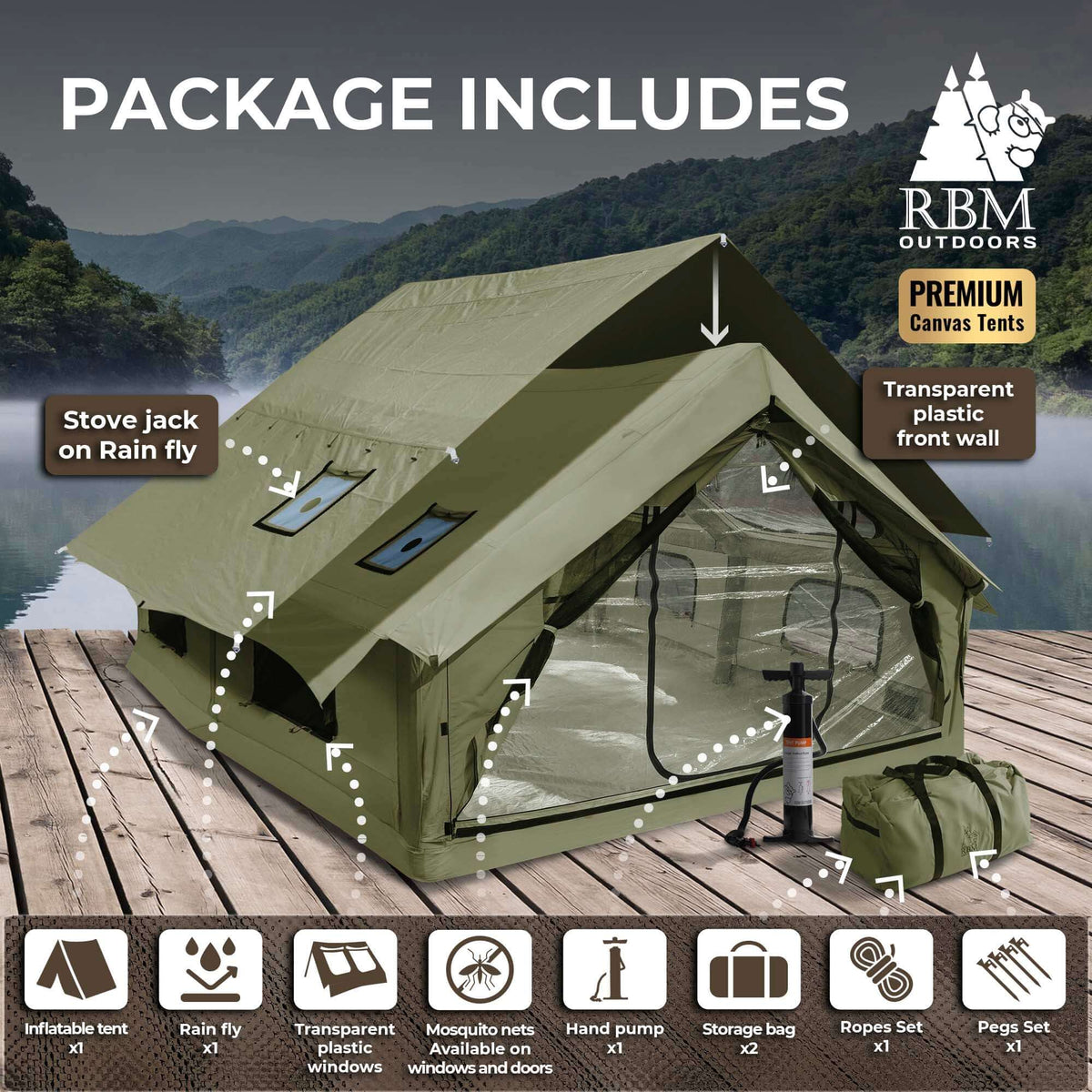 RBM Panda Large Forest Green+Stove Caminus M-Blow Up Tent with Stove