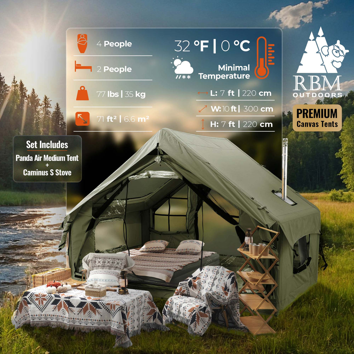 RBM Panda Medium Forest Green + Stove Caminus S - Inflatable Tents for